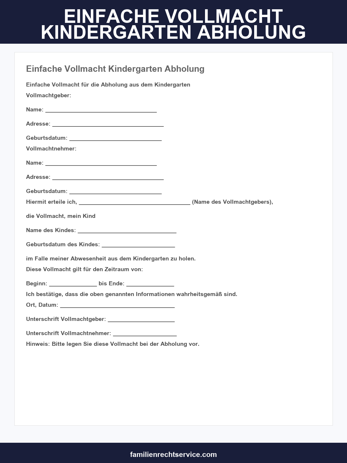 Einfache Vollmacht Kindergarten Abholung